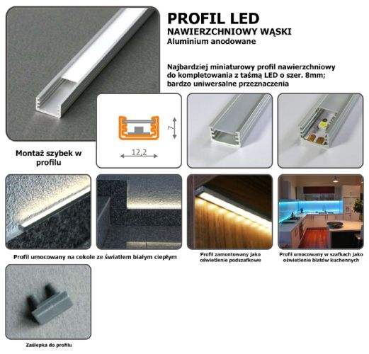 PROFIL aluminiowy nawierzchniowy wąski SLIM do TAŚMY LED -1m | Profile ...